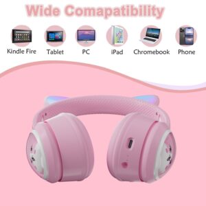 TOKANI Kids Headphones, Bluetooth Wireless Headphones for Kids Teens Adults, Over-Ear Bluetooth Headphones with Microphone, Cat Ear Headphones for Girls Women (Pure Pink)