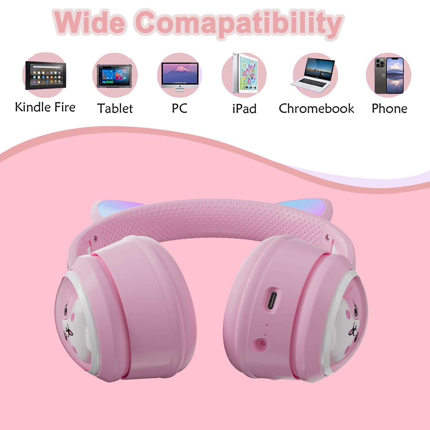 TOKANI Kids Headphones, Bluetooth Wireless Headphones for Kids Teens Adults, Over-Ear Bluetooth Headphones with Microphone, Cat Ear Headphones for Girls Women (Pure Pink)