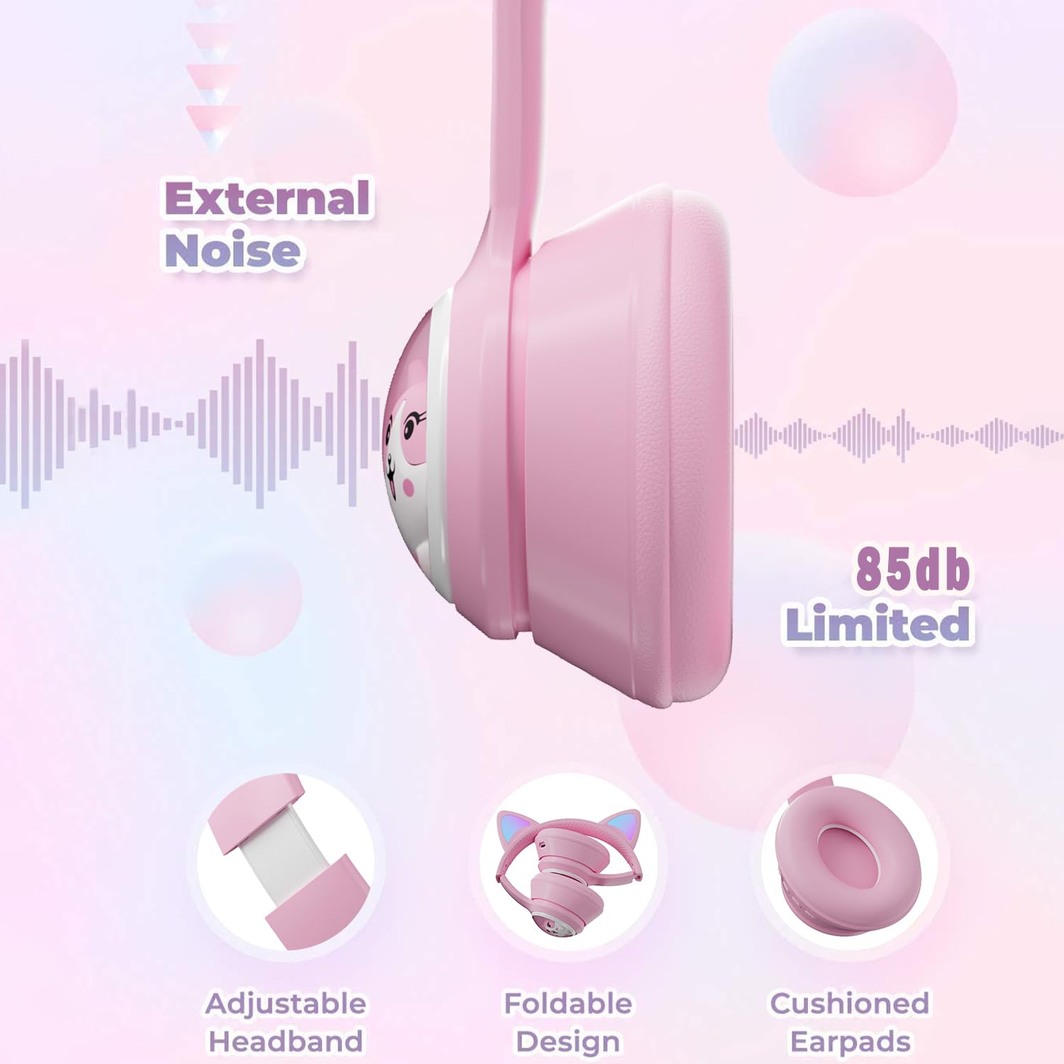 TOKANI Kids Headphones, Bluetooth Wireless Headphones for Kids Teens Adults, Over-Ear Bluetooth Headphones with Microphone, Cat Ear Headphones for Girls Women (Pure Pink)