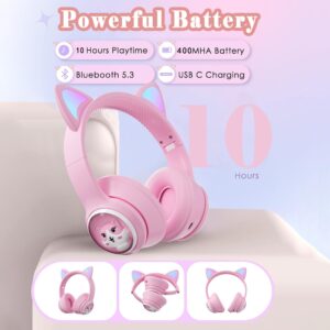 TOKANI Kids Headphones, Bluetooth Wireless Headphones for Kids Teens Adults, Over-Ear Bluetooth Headphones with Microphone, Cat Ear Headphones for Girls Women (Pure Pink)