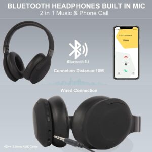 Bluetooth Headphones Over Ear, Wired/Wireless Overhead Headphones with Microphone, Soft Earmuffs & Foldable Lightweight Bluetooth Headsets with Hi-Fi Stereo Sound for Laptop PC Cellphone (Black)