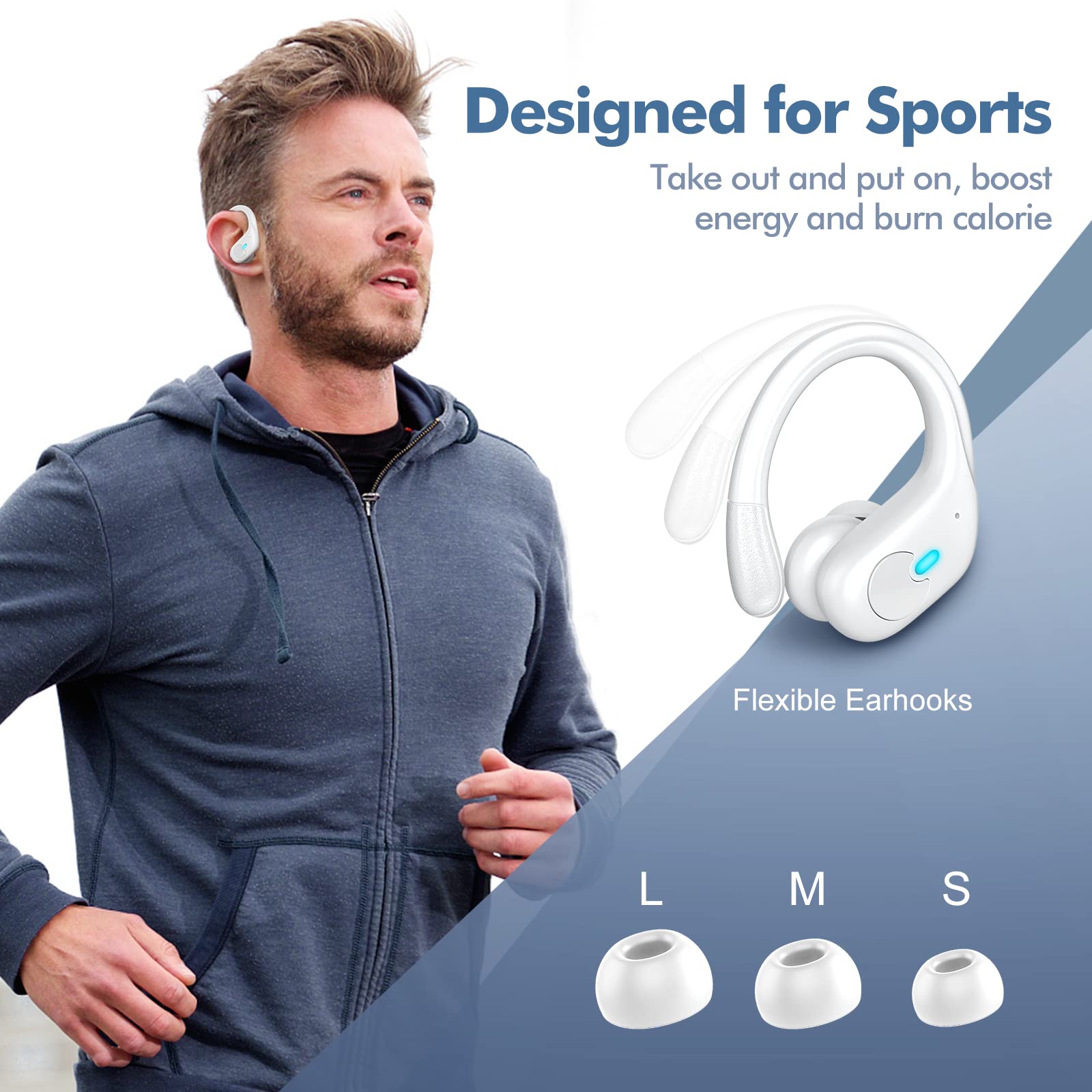 Wireless Earbuds, Bluetooth Headphones 80Hrs Playback with LED Diaplay Charging Case Noise Cancelling Ear buds with Earhooks, IPX7 Waterproof Over Ear Earphones for Sports Running Workout（White）