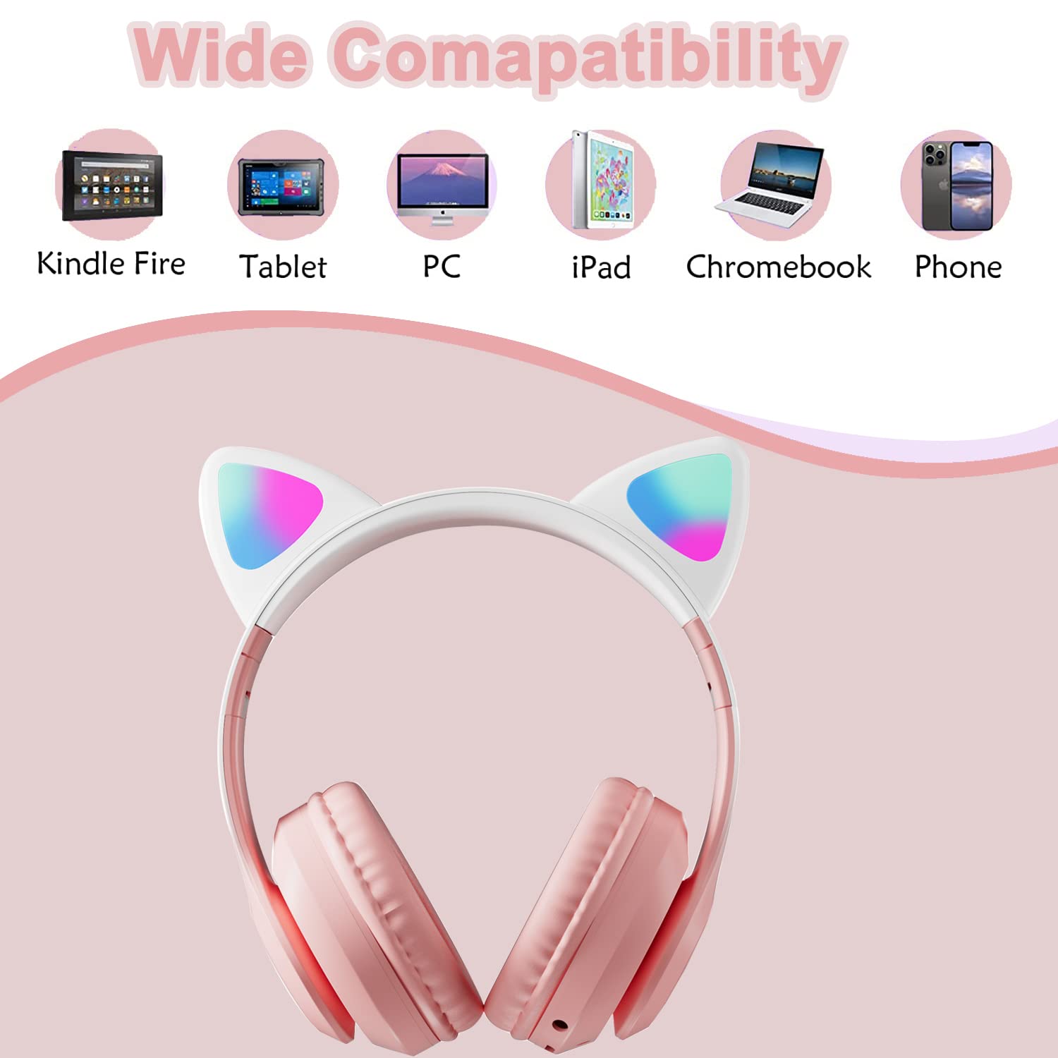 TOKANI Kids Headphones, Bluetooth Wireless Headphones for Kids Teens Adults, Over-Ear Bluetooth Headphones with Microphone, Cat Ear Headphones for Girls Women (New Pink)