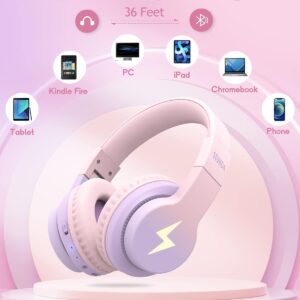 seenda Kids Bluetooth Headphones, Colorful Wireless Over Ear Headset with 85dB/94dB Volume Limited, 45H Playtime, 3 Lighting Modes, Built-in Mic Headphones for Boys Girls iPad Tablet School Pink