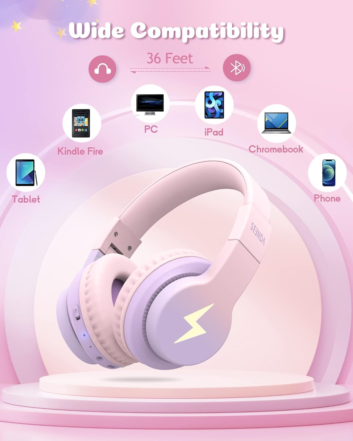 seenda Kids Bluetooth Headphones, Colorful Wireless Over Ear Headset with 85dB/94dB Volume Limited, 45H Playtime, 3 Lighting Modes, Built-in Mic Headphones for Boys Girls iPad Tablet School Pink