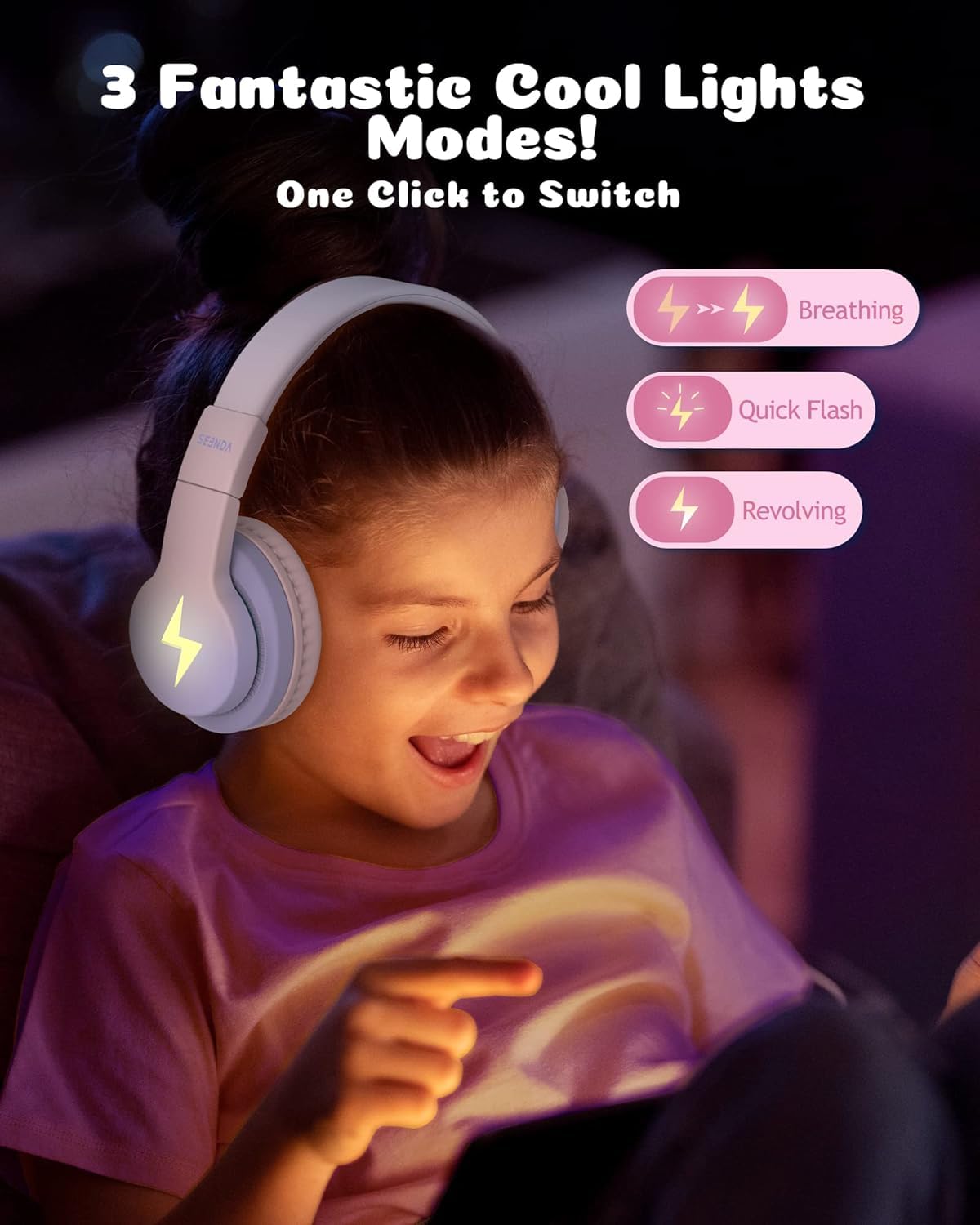 seenda Kids Bluetooth Headphones, Colorful Wireless Over Ear Headset with 85dB/94dB Volume Limited, 45H Playtime, 3 Lighting Modes, Built-in Mic Headphones for Boys Girls iPad Tablet School Pink