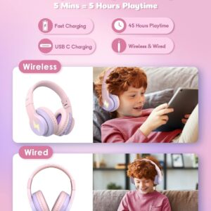 seenda Kids Bluetooth Headphones, Colorful Wireless Over Ear Headset with 85dB/94dB Volume Limited, 45H Playtime, 3 Lighting Modes, Built-in Mic Headphones for Boys Girls iPad Tablet School Pink