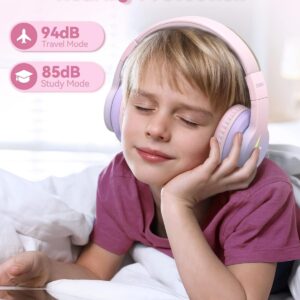 seenda Kids Bluetooth Headphones, Colorful Wireless Over Ear Headset with 85dB/94dB Volume Limited, 45H Playtime, 3 Lighting Modes, Built-in Mic Headphones for Boys Girls iPad Tablet School Pink