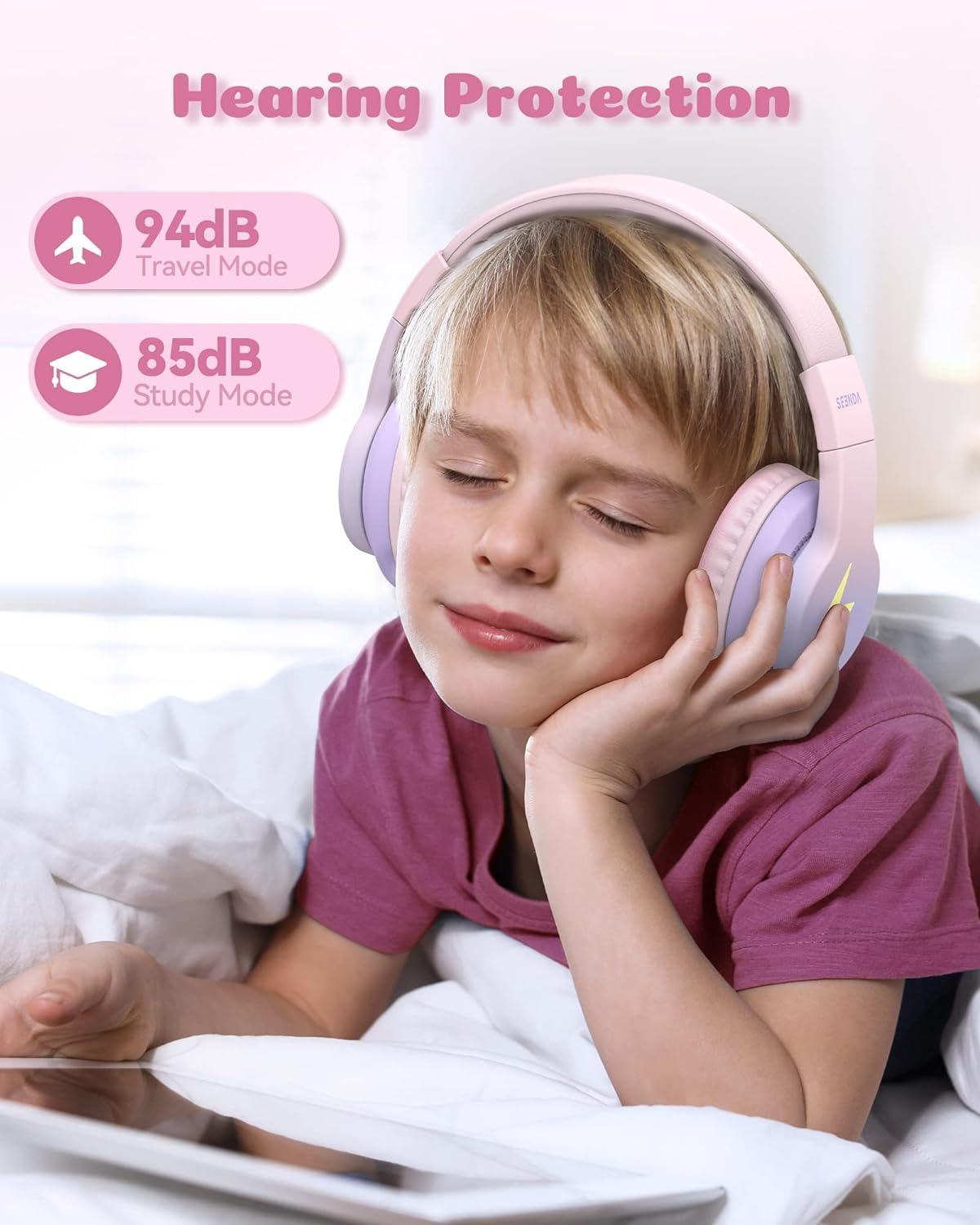 seenda Kids Bluetooth Headphones, Colorful Wireless Over Ear Headset with 85dB/94dB Volume Limited, 45H Playtime, 3 Lighting Modes, Built-in Mic Headphones for Boys Girls iPad Tablet School Pink