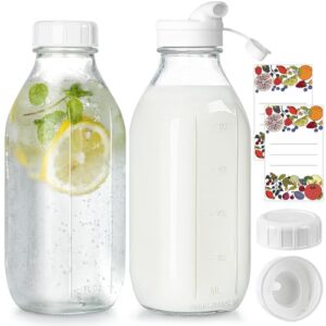 milk bottle with dispenser cap, 100% airtight heavy duty screw lid. 2 pack 32 oz reusable glass bottles with 3 lids! jug pitcher, buttermilk, water, juice bottles w cap, syrup, honey