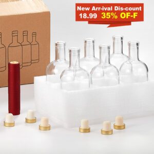 Mfacoy Set of 6 Glass Bottles, 12 oz Clear Liquor Bottles, Heavy Base Glass Bottles with T-Top Cap, Vodka Bottles for Wine Beverages Drinks Oil Vinegar Kombucha Beer with Cork Stopper Airtight Lid