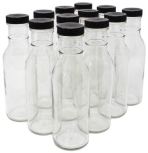 nicebottles clear glass beverage/sauce bottles, 12 oz, black caps - case of 12