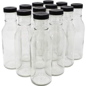 nicebottles Clear Glass Beverage/Sauce Bottles, 12 Oz, Black Caps - Case of 12