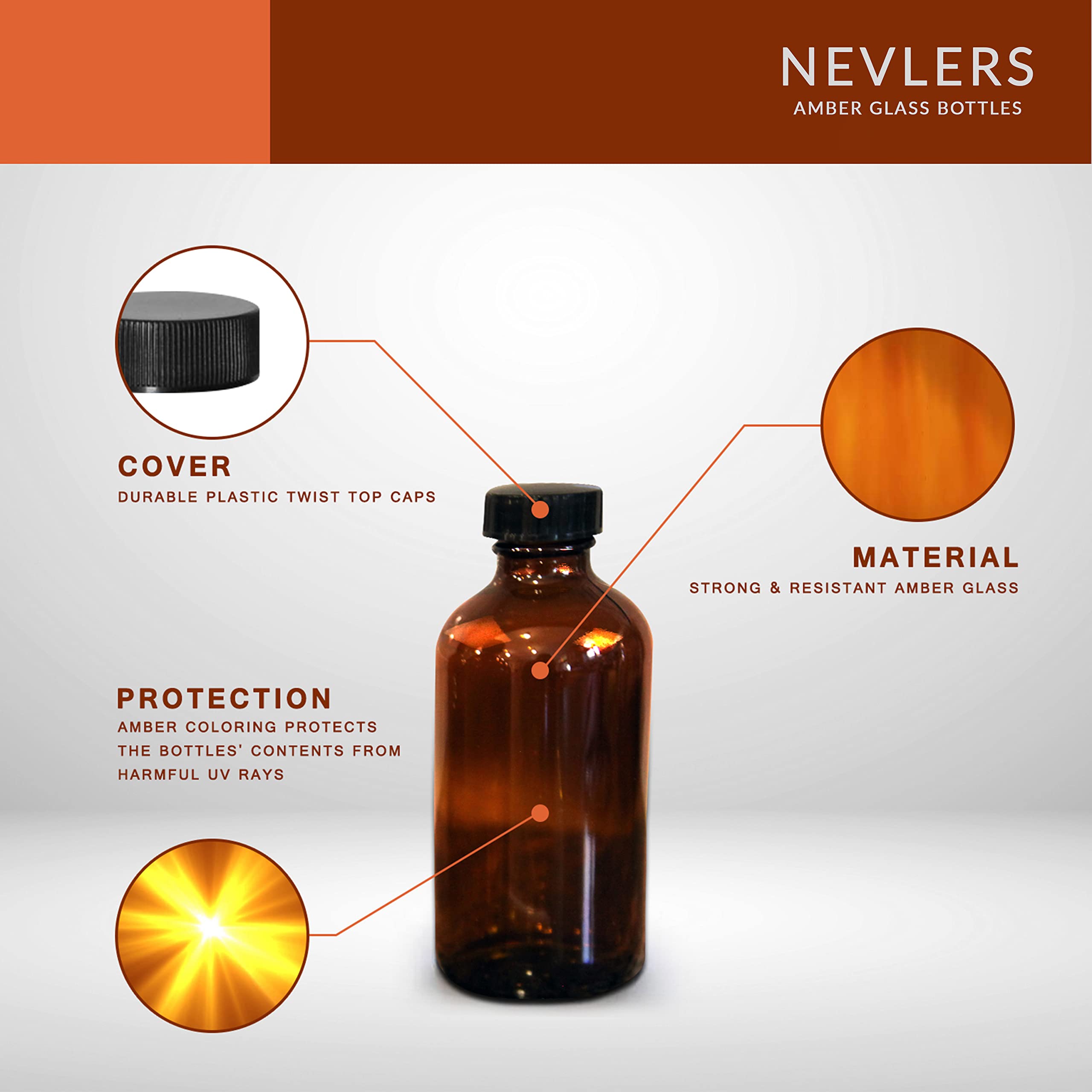 Nevlers 18 Pack 8 oz Amber Glass Bottles with Caps | The Brown Leak Proof Glass Bottles Includes Caps, Funnel, Brush, White Marker and Labels to Easily Identify the Contents