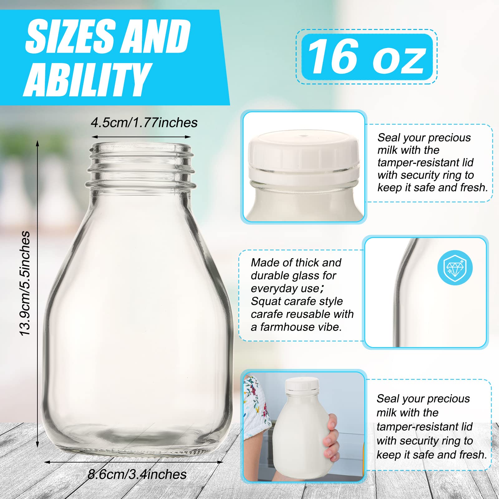 6 Pcs 16oz Glass Milk Bottles with Lids Small Milk Bottles Container with Lid for Refrigerator Storage Reusable Glass Bottles for Homemade Almond Milk Coffee Creamer Parties Breakfast Wedding Picnic