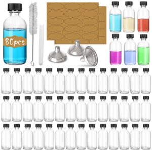 80 pack, 2 oz small glass bottles with airtight lids, 60 ml empty clear sample boston bottle/vials/containers with180 sticky labels, brush, funnels