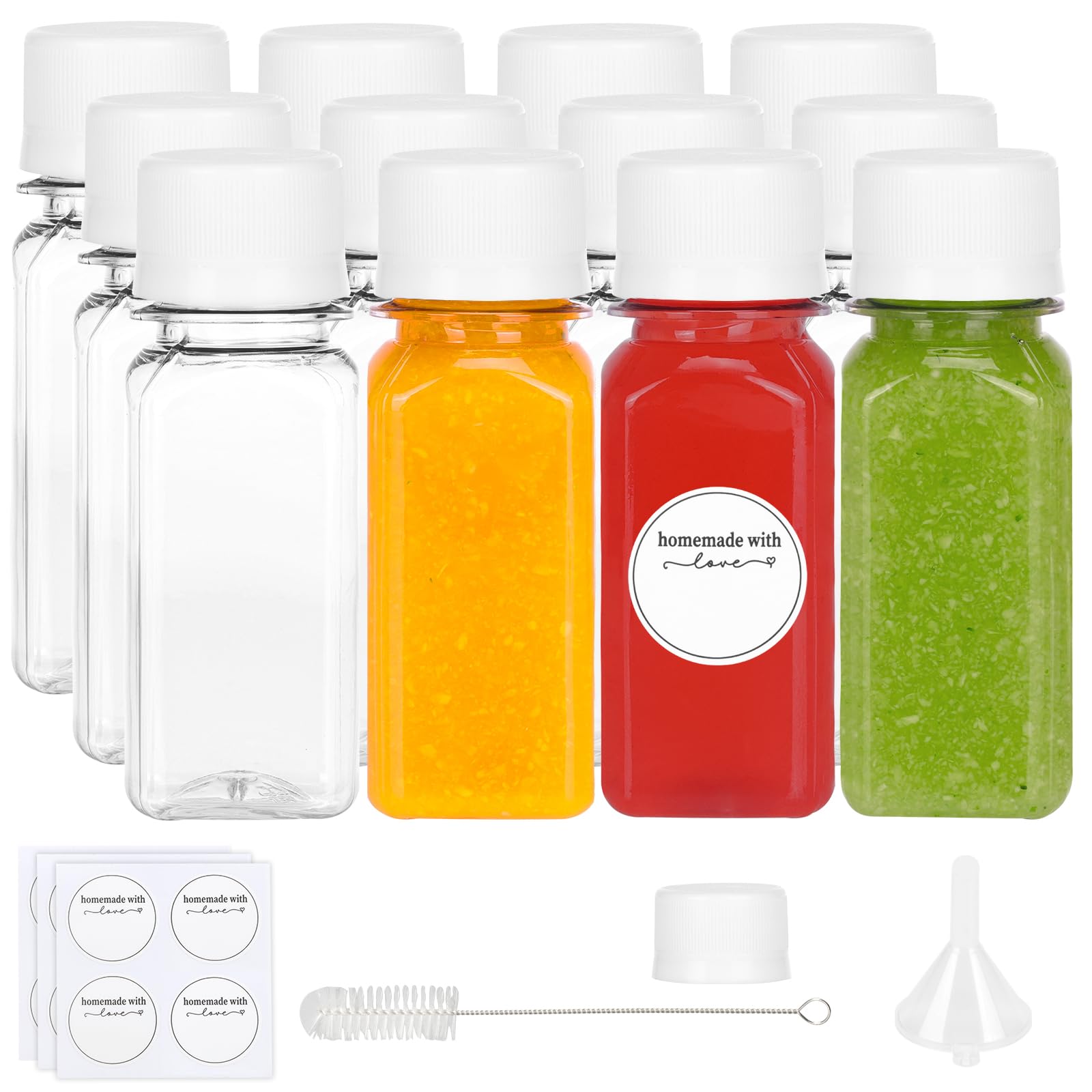 Moretoes 12pcs 2oz Shot Bottles with Caps, Mini Juice Bottles, Reusable Clear Bottles for Liquids, Empty Containers with Lids for Oil, Juice and Other Beverages