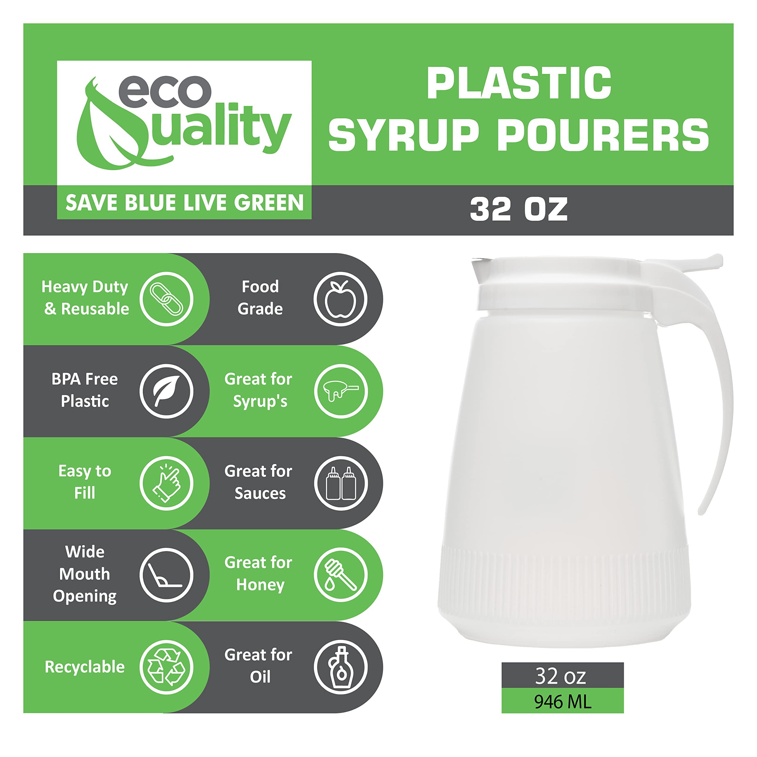 [1 PACK] EcoQuality 32oz Plastic Syrup Dispenser with Plastic Lid and Stainless Steel Slide Cover - Syrup, Sugar, Honey Dispenser - Perfect for Diners, Restaurants, Home, Office, Disposable (32 Ounce)