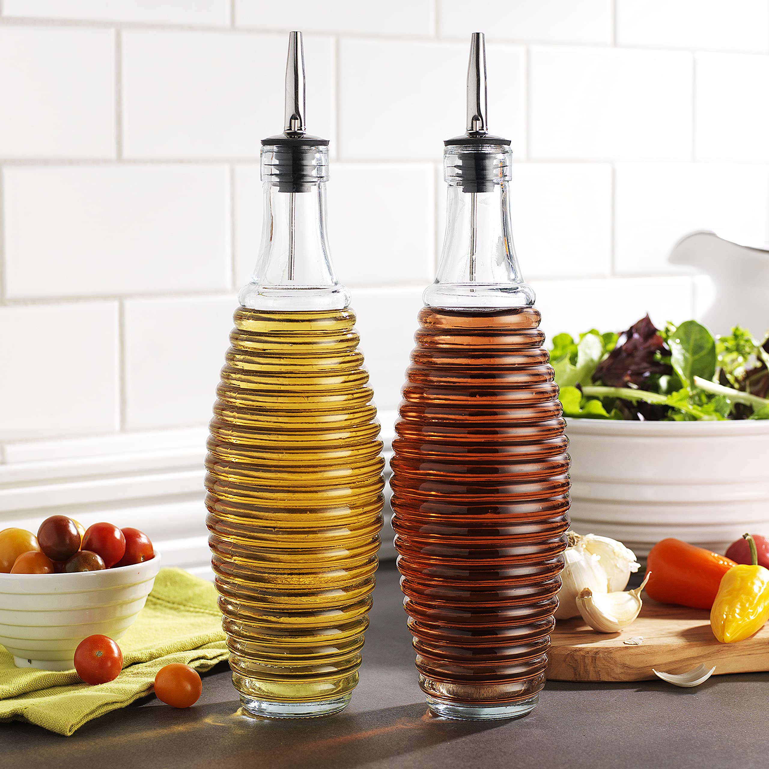 MosJos Oil and Vinegar Dispenser - Large 20 oz Ribbed Glass Olive Oil & Vinegar Dispenser Set - Non-Drip, BPA-Free, Dishwasher Friendly Bottles with Stainless Steel Spouts