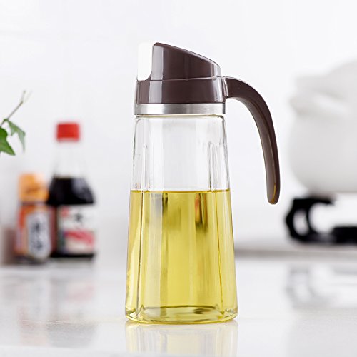 Marbrasse Auto Flip Olive Oil Dispenser Bottle,20 OZ Leakproof Condiment Container With Automatic Cap and Stopper,Non-Drip Spout,Non-Slip Handle for Kitchen Cooking Brown