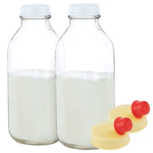 kitchentoolz 32 oz square glass milk bottles with lids, perfect glass milk container for refrigerator - 1 liter glass milk jugs with tamper proof lid and pour spout - pack of 2