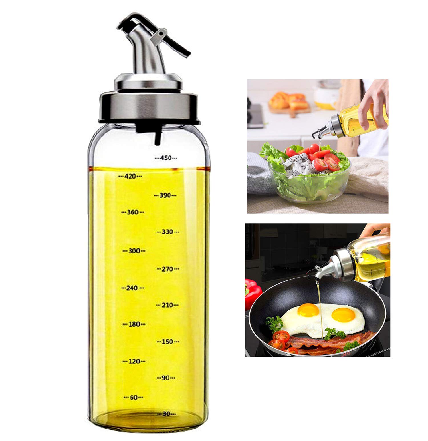 Olive Oil Dispenser Bottle, Liquid Condiment Container, 17 Oz Vinegar Dispensing Cruets With Dripless Capped Spout, Glass Decanter for Kitchen with Degree Scale (17 OZ)