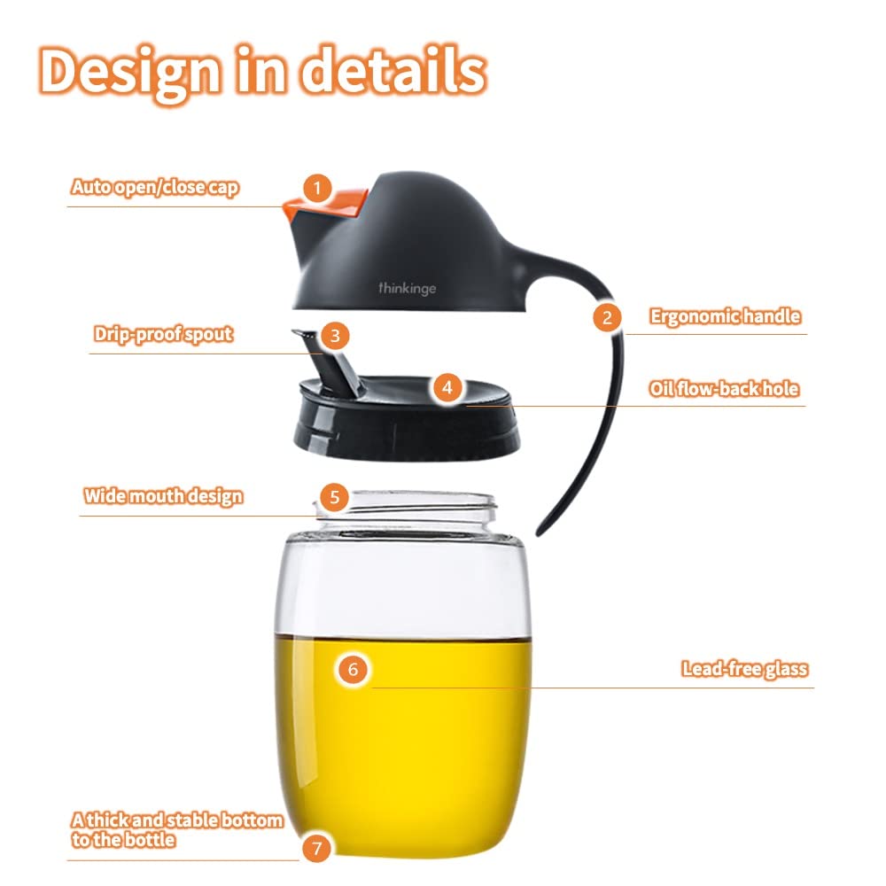 MJDFS Olive Oil Dispenser Bottle W/Auto Flip Cap, 21oz Cooking Oil Dispenser Leakproof, Kitchen True No Drip Oil and Vinegar Cruet Container with Non-Slip Handle, Cute Penguin Design(Black)