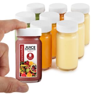 stock your home glass shot bottles with caps (8 pack) 2 oz juice, wellness, or ginger shots bottle - leak proof, dishwasher safe, mini jars with plastic lids - reusable small juicing containers