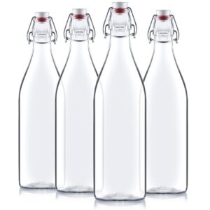 bormioli rocco giara swing top bottles 33 ¾ ounce-4 pack round clear glass grolsch flip top bottle with stopper, for beverages, smoothies, kefir, beer, soda, juicing, kombucha, water, milk and vinegar