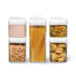 felli flip tite food storage container 5” large 5pk set + no residue label, airtight lid easy lock top stackable, plastic canister jar for pantry kitchen fridge organizer pasta protein powder spice