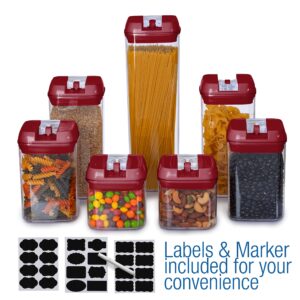 Alphx Innovations Set of 7 Airtight Food Storage Containers - Pantry Organizer Bins, BPA Free Plastic Containers plus Dry Erase Marker and Labels, Red