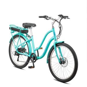 schwinn mendocino electric cruiser bike for adults, 20mph ebike, up to 35-55 miles on a single charge, 26-inch wheels, 6-speed, pedal assist with throttle, mint green