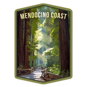 die cut sticker mendocino, california, pathways in redwood forest, contour vinyl sticker 1 to 3 inches (waterproof decal for cars, water bottles, laptops, coolers), small