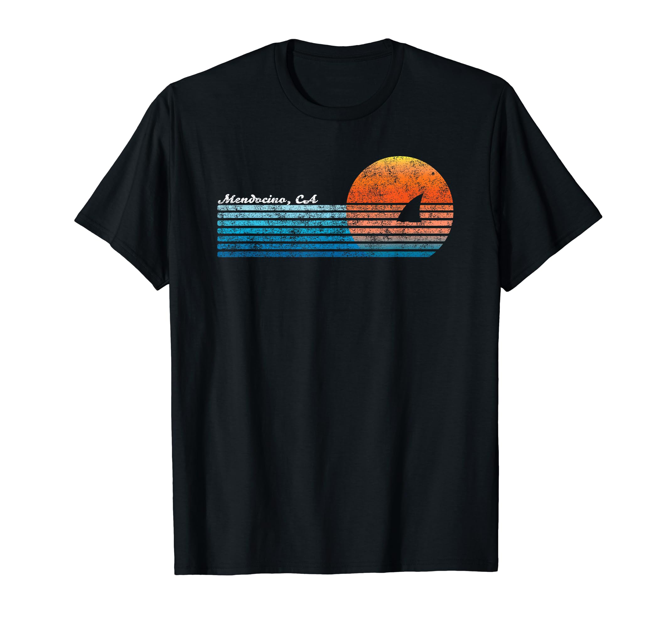 Vintage Mendocino, CA Retro 80s Shark Fin Sunset T-Shirt