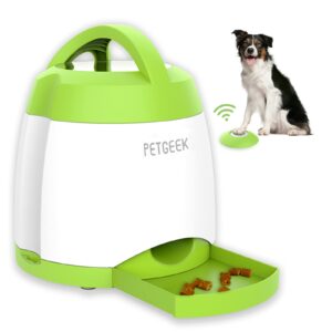 petgeek treat dispenser dog toys, automatic pet feeder with dual power supply and remote control, dog puzzle toys and interactive dog toys in one for indoor or outdoor play(green)