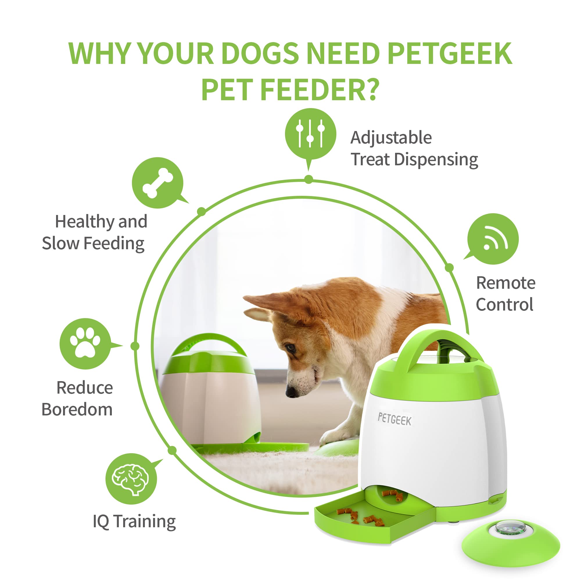 PETGEEK Treat Dispenser Dog Toys, Automatic Pet Feeder with Dual Power Supply and Remote Control, Dog Puzzle Toys and Interactive Dog Toys in One for Indoor or Outdoor Play(Green)