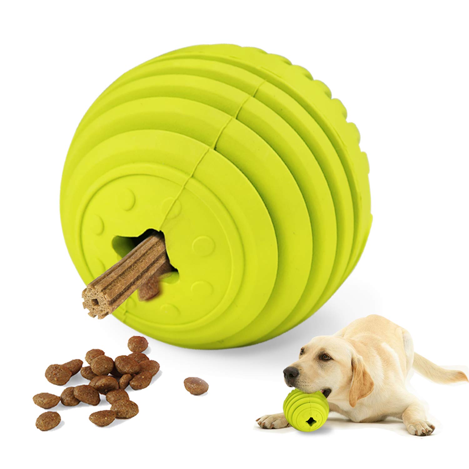 LaRoo Dog Feeder Puzzle Toy Ball, Natural Rubber Dog Chew Toy Snack Dispenser, Bite Resistant Interactive Dog Toy Treat Dispensing Aggressive Chewers for Small Medium Large Dog (9cm Ball Green)