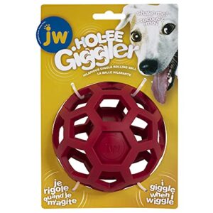 jw pet hol-ee giggler dog toy puzzle ball, natural rubber, medium (4.5 inch diameter), red