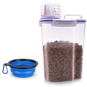 tiovery dog food storage container small, cat food storage container airtight plastic dispenser with graduated measuring cup, pourable spout and portable collapsible dog bowl for pet food, birds seed