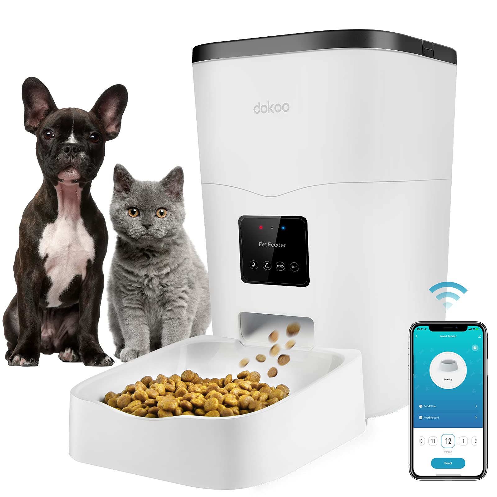 Dokoo Automatic Cat Feeders, App Control Smart Pet Food Dispenser with Portion Control&Timer Setting, Auto Dog Feeder 1-10 Meals, Voice Record, Small & Medium Pets,2.4G Wi-Fi ONLY, 3L/13cup (White)