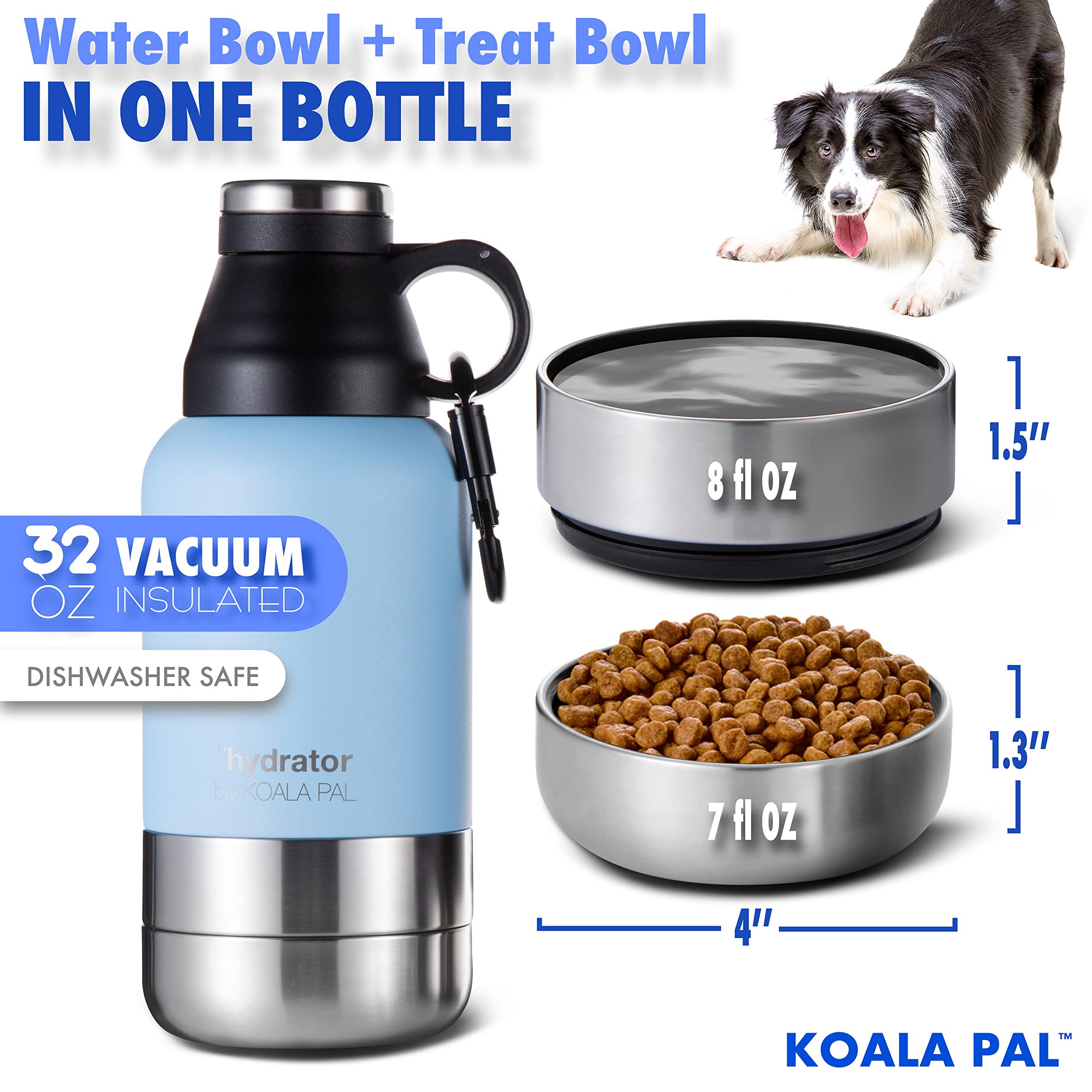 KOALA PAL 32oz Dog Water Bottle with Neoprene Bottle Carrier, Insulated Dog Travel Bottle, Portable Food and Water Bowl Dispenser For Dogs, Stainless Steel Pet Water Bottle Dispenser, Ultra Travel Kit