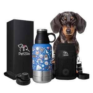 pet2go dog travel water bottle (32oz) with treat holder & detachable bowls | insulated, portable stainless steel water dispenser for pets | dog walking accessory | outdoor dog beach gear (blue)