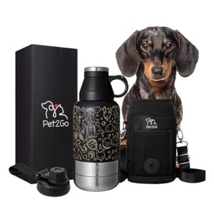 pet2go dog travel water bottle 32 oz. with treat holder & detachable bowls | insulated, portable stainless steel water dispenser for pets | dog walking accessory | outdoor dog beach gear (gold)