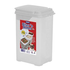 buddeez pet treat container - bites & bones 3.5 quart dog treat container, cat treat container, with large flip top lid suitable for dog, cat, bird, & other animal treat storage