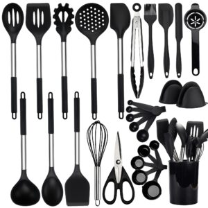 ncue cooking utensils set, 28 pcs silicone kitchen utensils set with holder, silicone whisk, spatulas, scissors, measuring cups and spoons set with stainless steel handle kitchen gadgets (black)