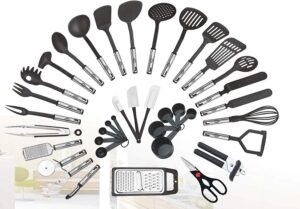 38-piece kitchen utensils set home cooking tools gadgets turners tongs spatulas pizza cutter whisk bottle opener, graters peeler, can opener, measuring cups spoons (black)