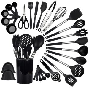 qmvess silicone kitchen utensil set, 28 pcs non-stick cooking utensils set with holder, tongs, spatula, whisk, measuring cups and spoons set with stainless steel handle kitchen gadgets (black)