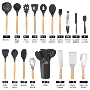 Leonyo 20 PCS Kitchen Utensils Set with Holder, Silicone Cooking Utensil Set Plus Metal Spatulas, Kitchen Gadgets Tools with Spatulas, Turners, Spoons, Tongs, Wooden Handle, Black