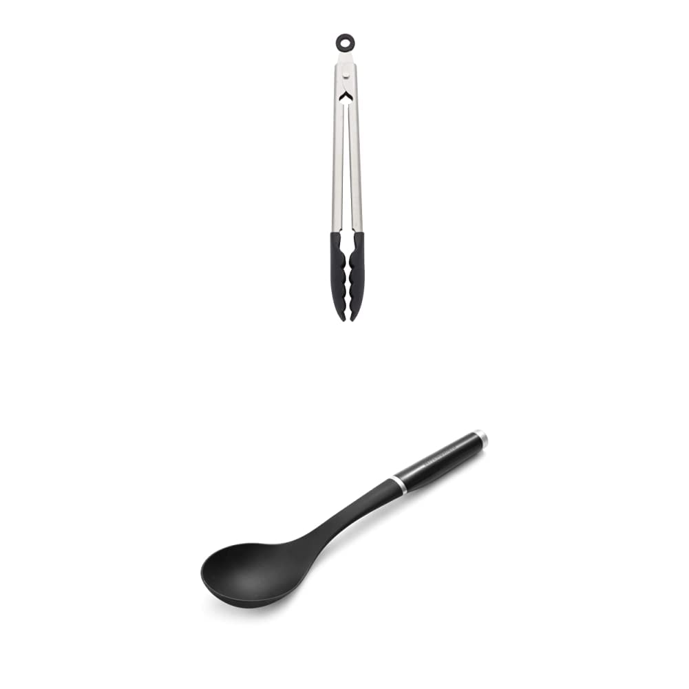 KitchenAid Silicone Tipped Stainless Steel Tongs, 10.26 Inch, Black & KitchenAid Classic Basting Spoon, One Size, Black 2