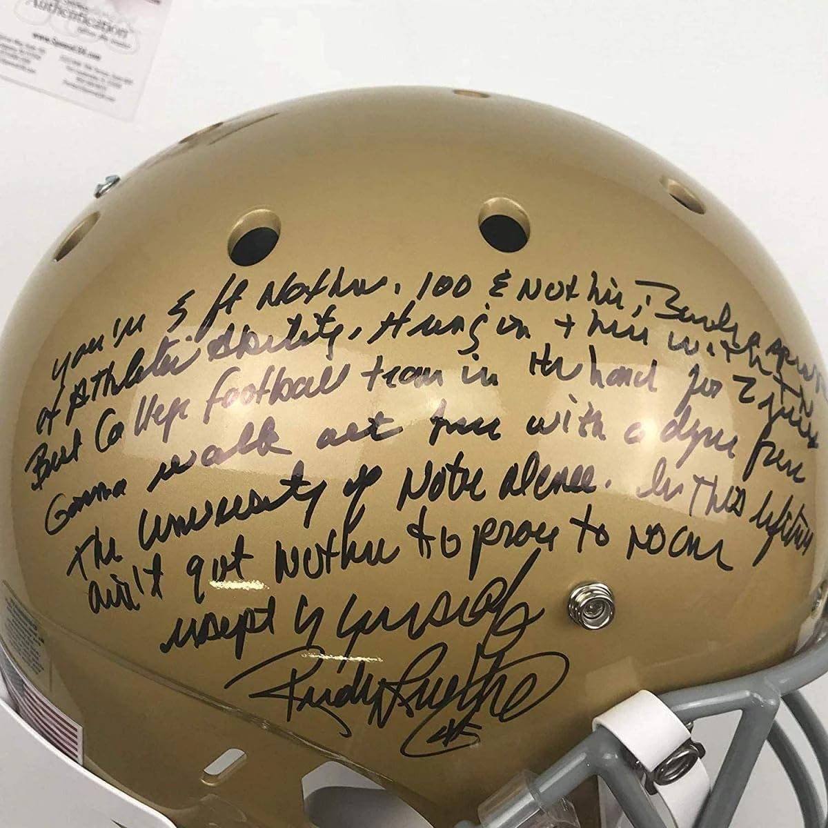 Autographed/Signed Rudy Ruettiger Full Speech Notre Dame Irish Full Size FS F/S Replica College Football Helmet JSA COA